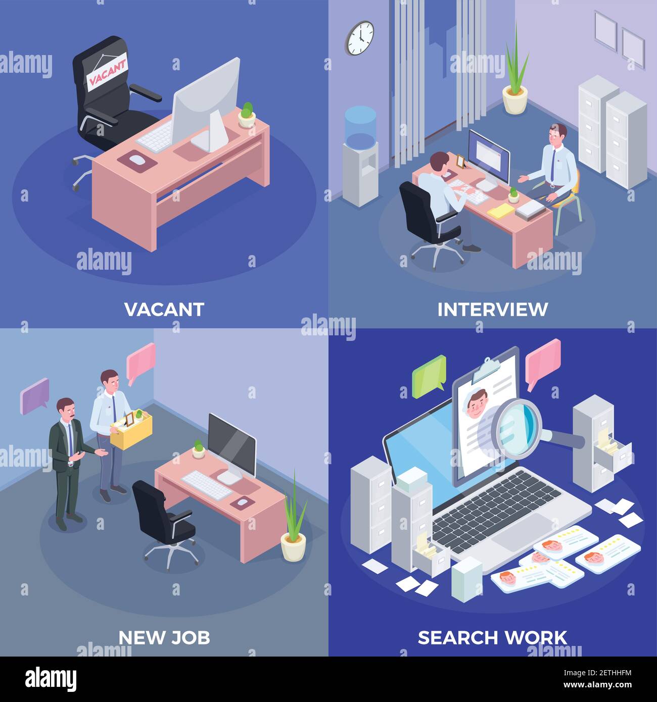Recruitment isometric design concept with indoor views of job interview ...