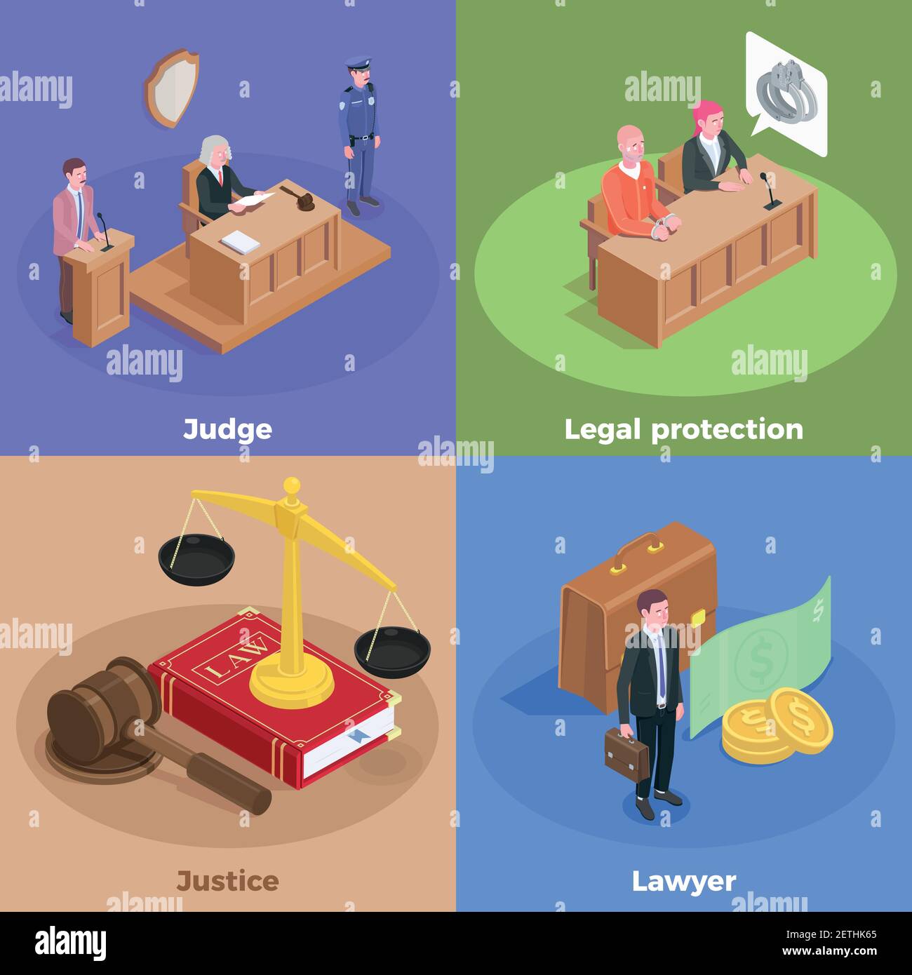 Law justice isometric design concept with icons amd human characters of ...