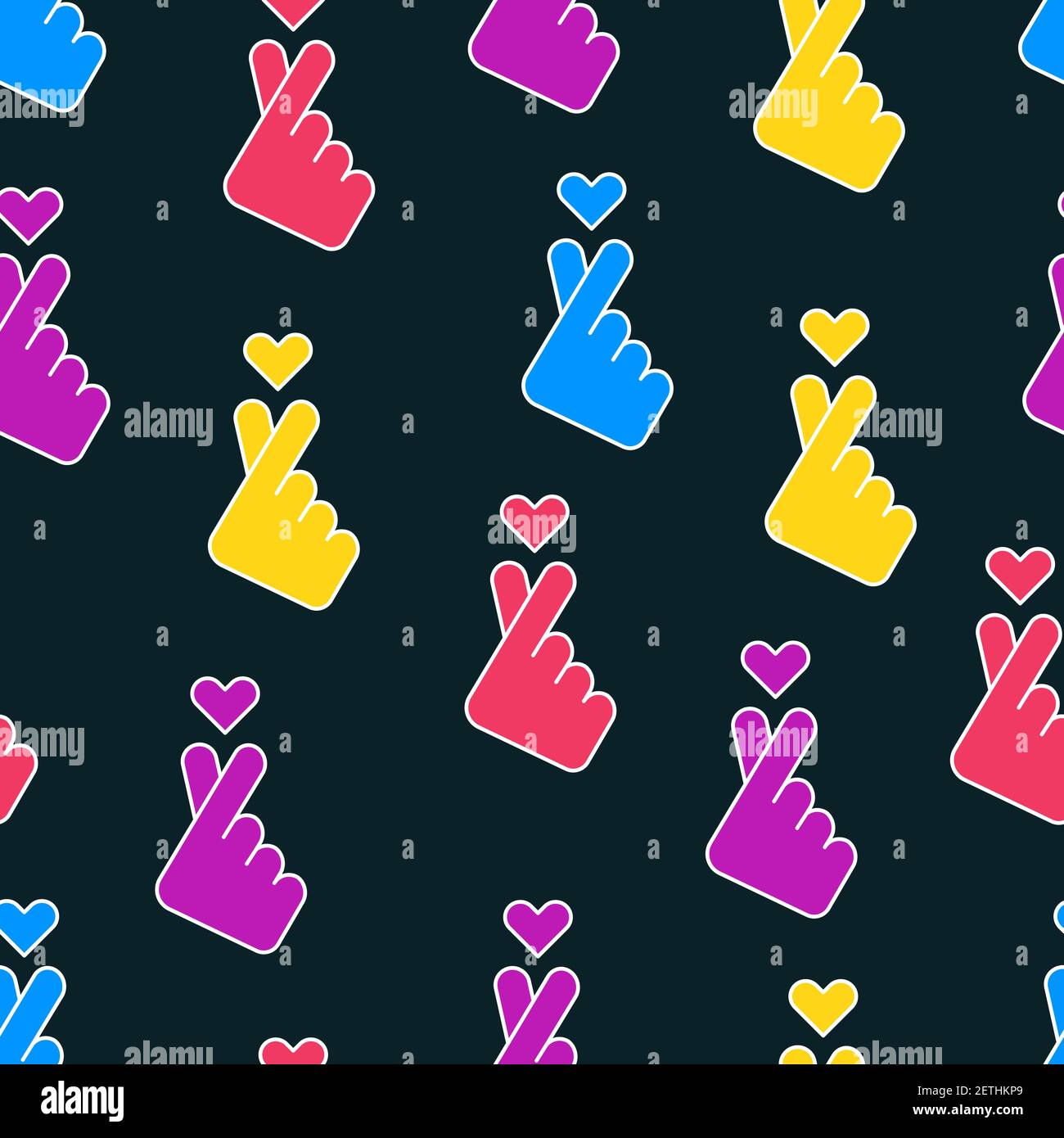 Korean love sign. Finger heart gesture. Sarangae icon. Seamless pattern ...