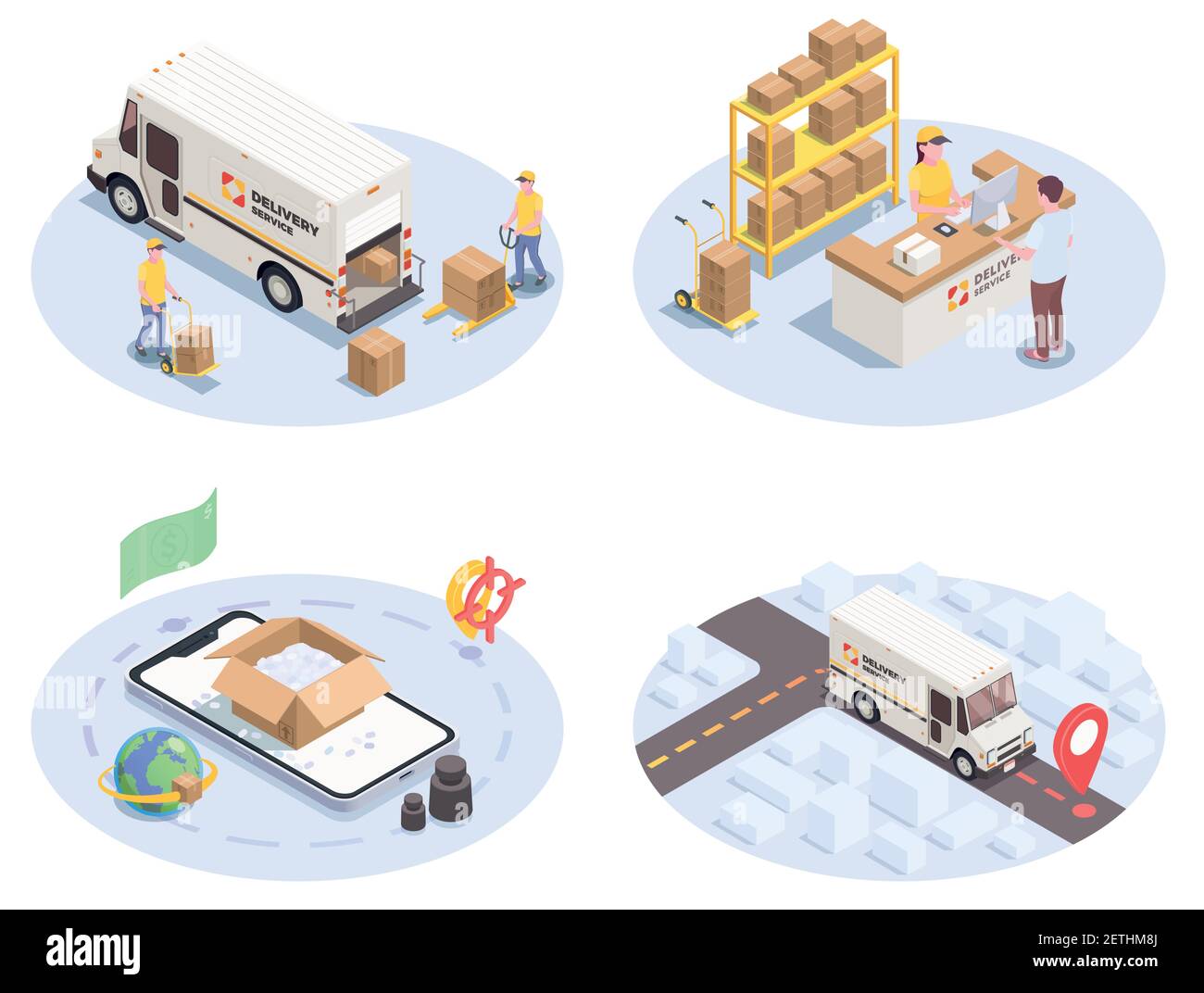 Delivery logistics shipment set of four isometric images with colourful ...