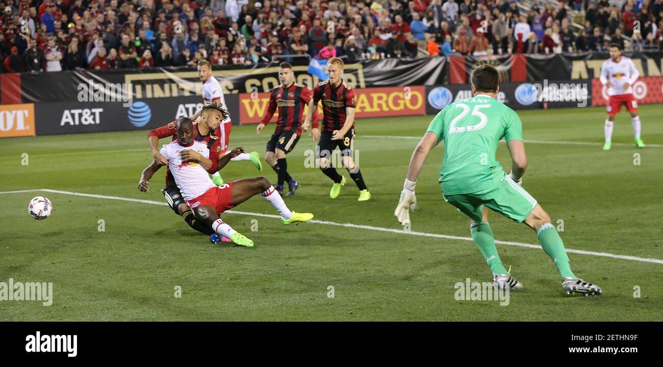 Atlanta United RC goalkeeper Alec Kann looks on as N.Y. Red Bulls ...
