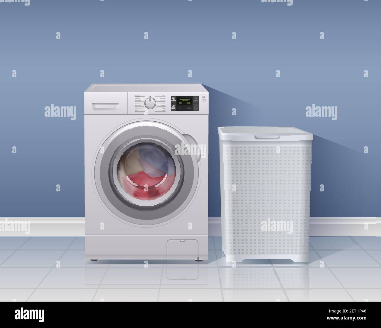 Washing machine realistic background with laundry equipment symbols ...