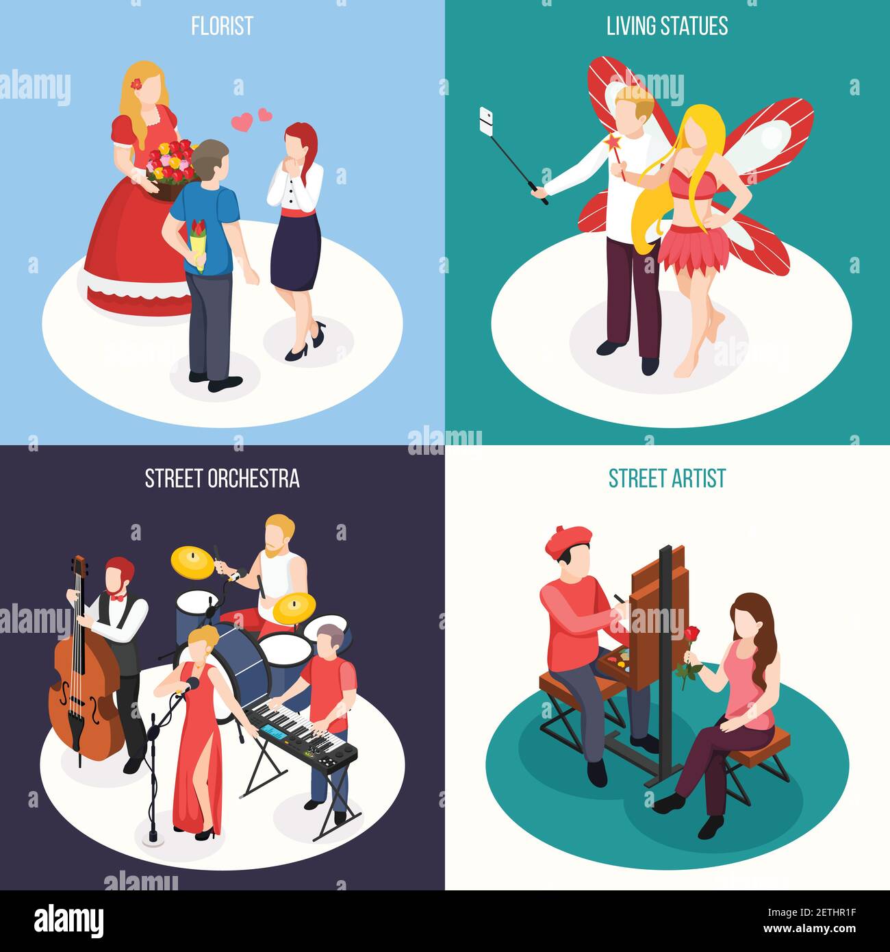 Street artists isometric design concept portrait painting living ...