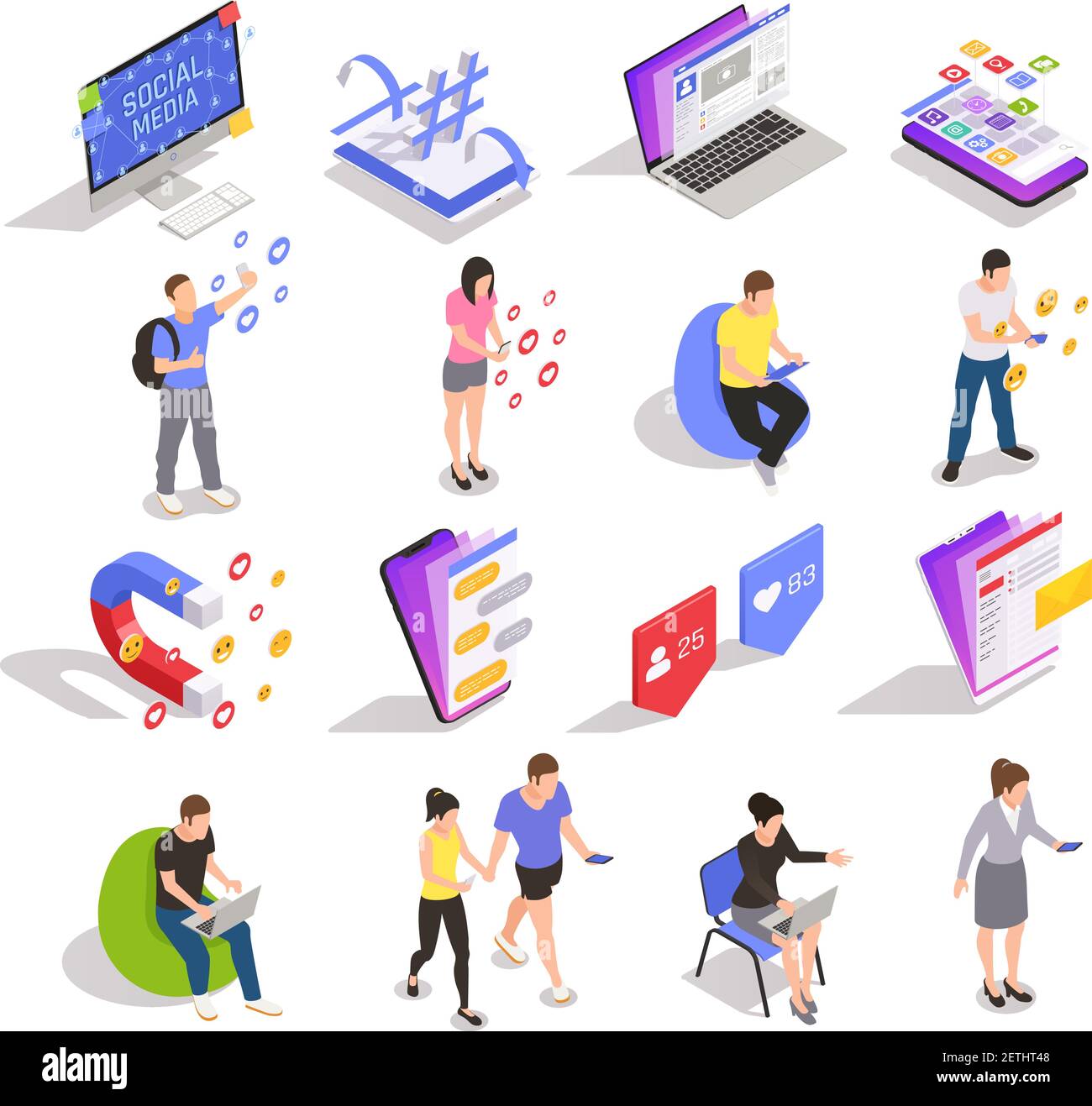 Social media symbols technology messaging people isometric icons ...