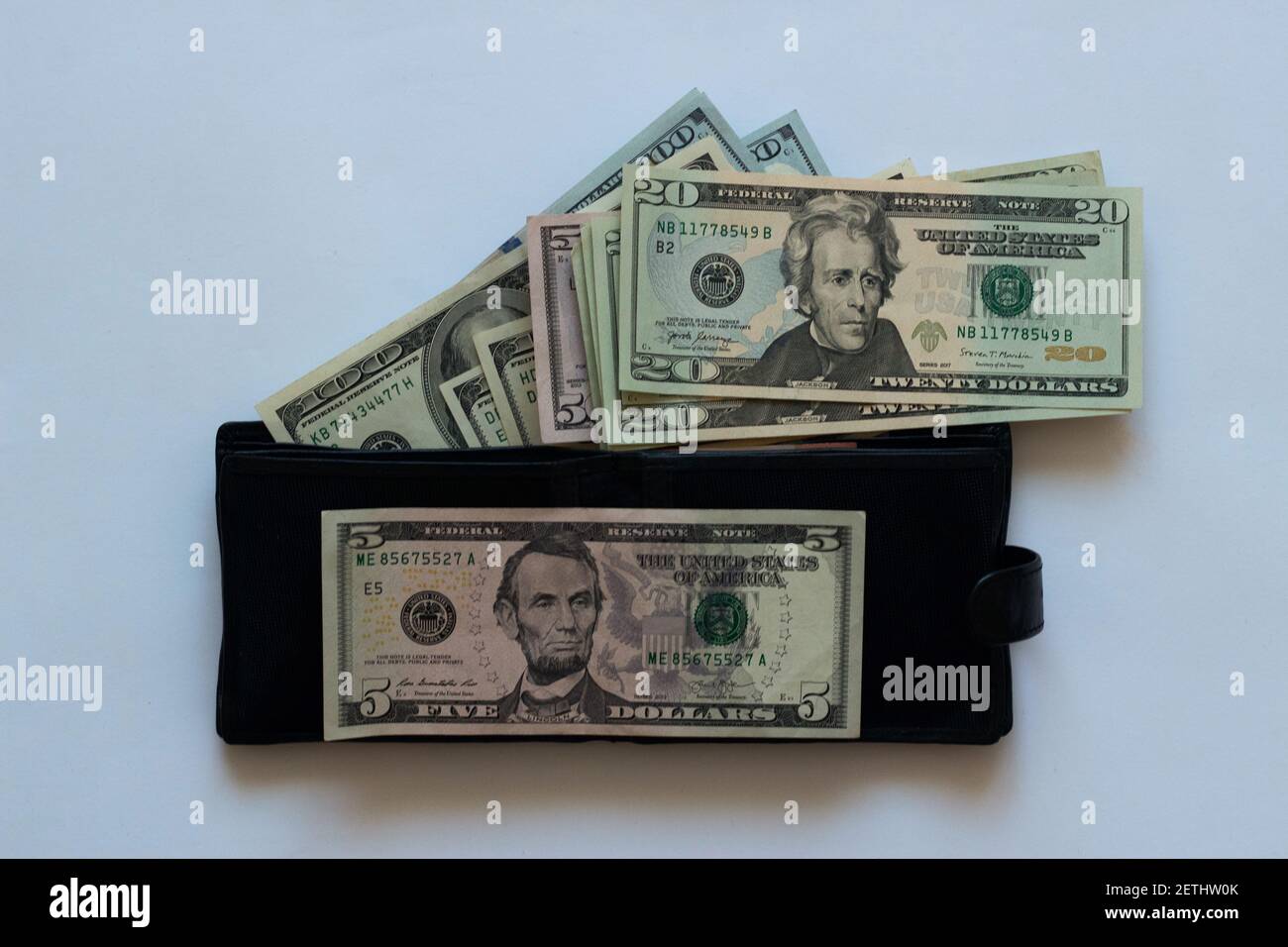 Background of hundred-dollar bills, the texture of dollars. A stack of ...