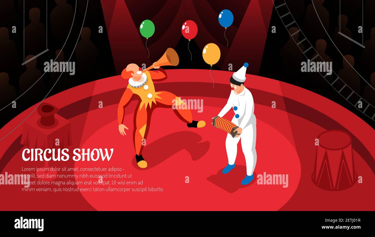 Circus show with clowns performance in rays of spotlight isometric ...