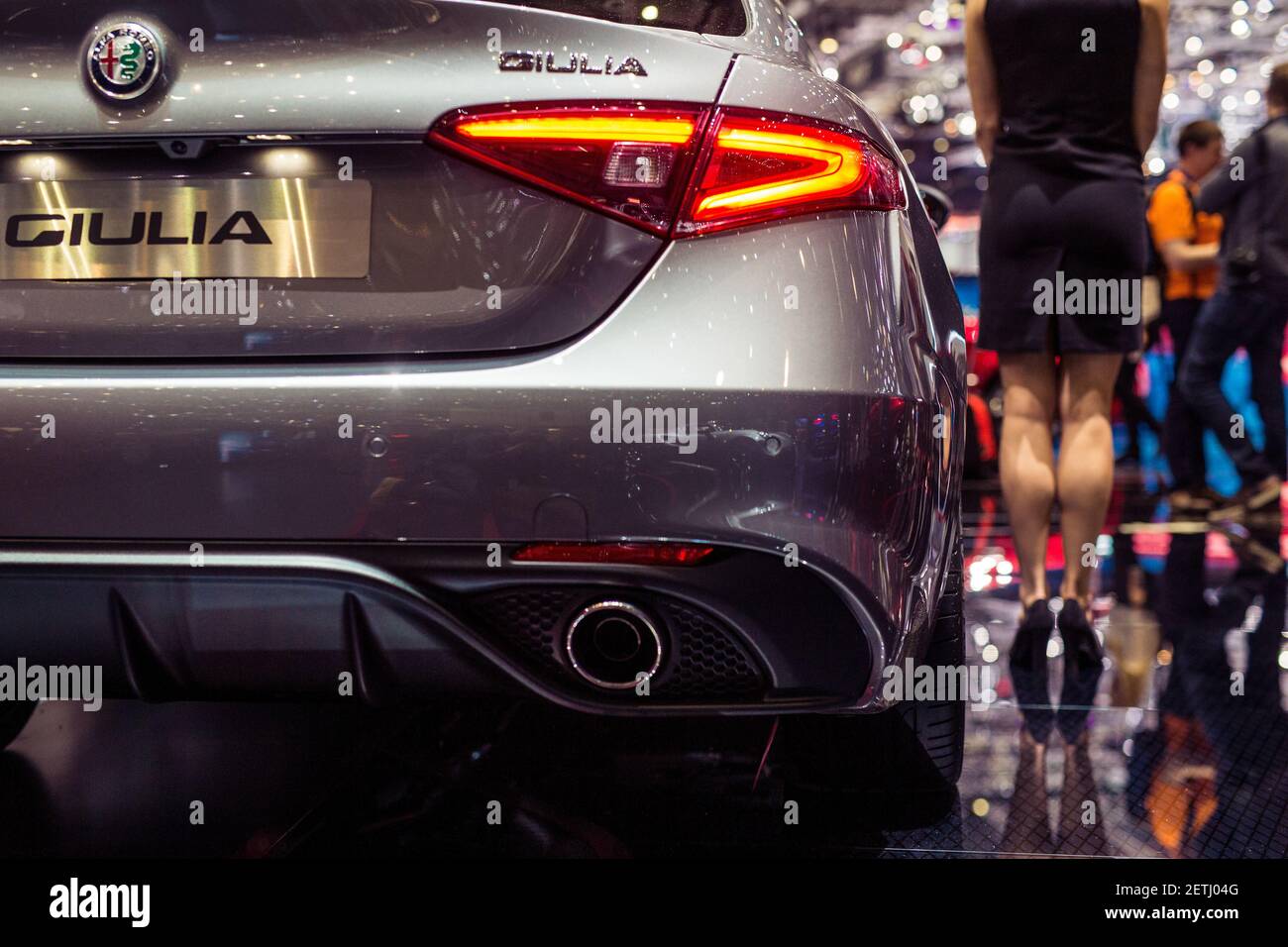 Detail of Alfa Giulia car at the Motor Show in Geneva, Switzerland, CH ...