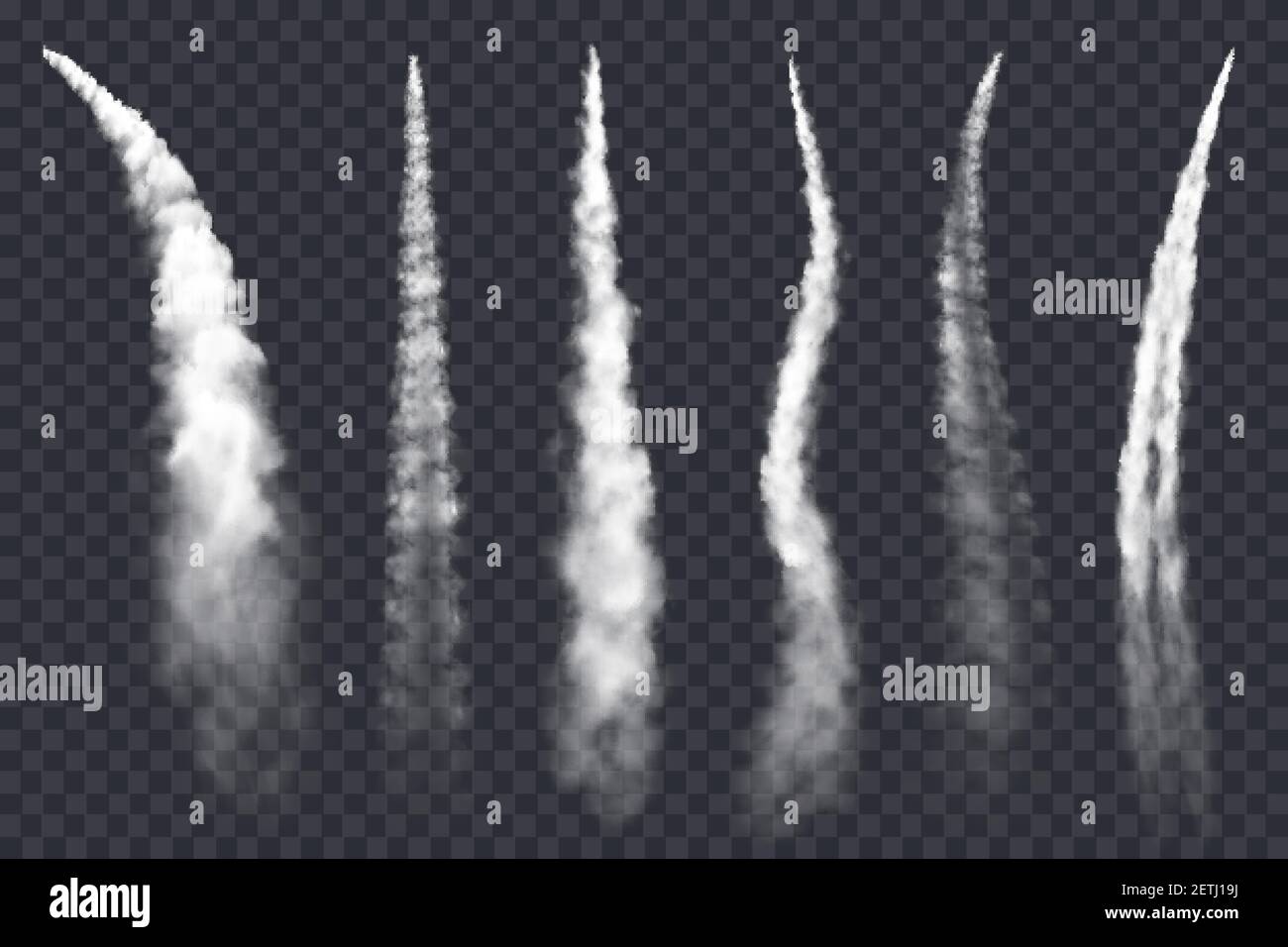 Plane smoke trail, air jet clouds, vector contrail realistic 3d airplane or rocket white lines ...