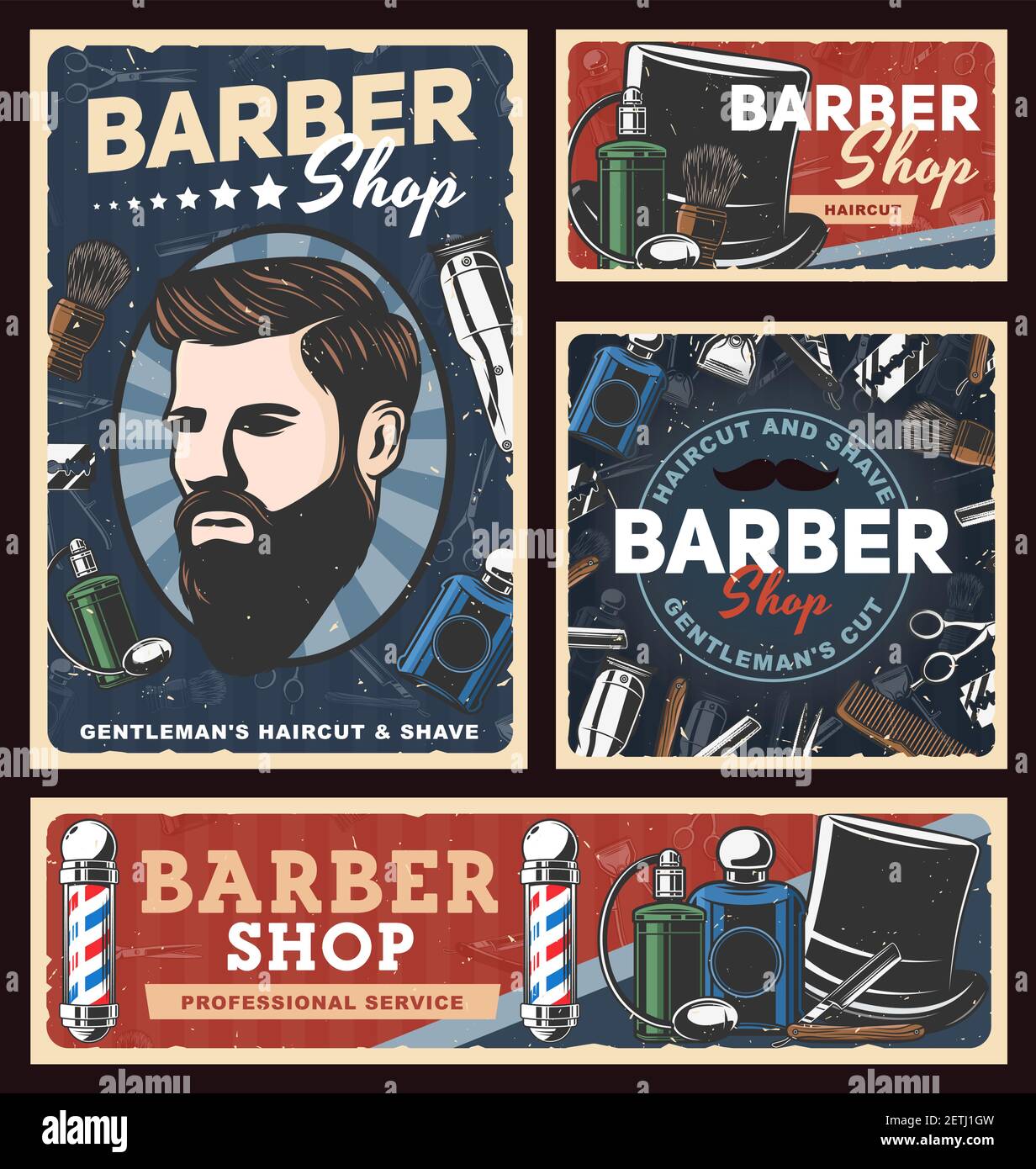 Barbershop retro posters with vector barber shop poles, man hair and ...