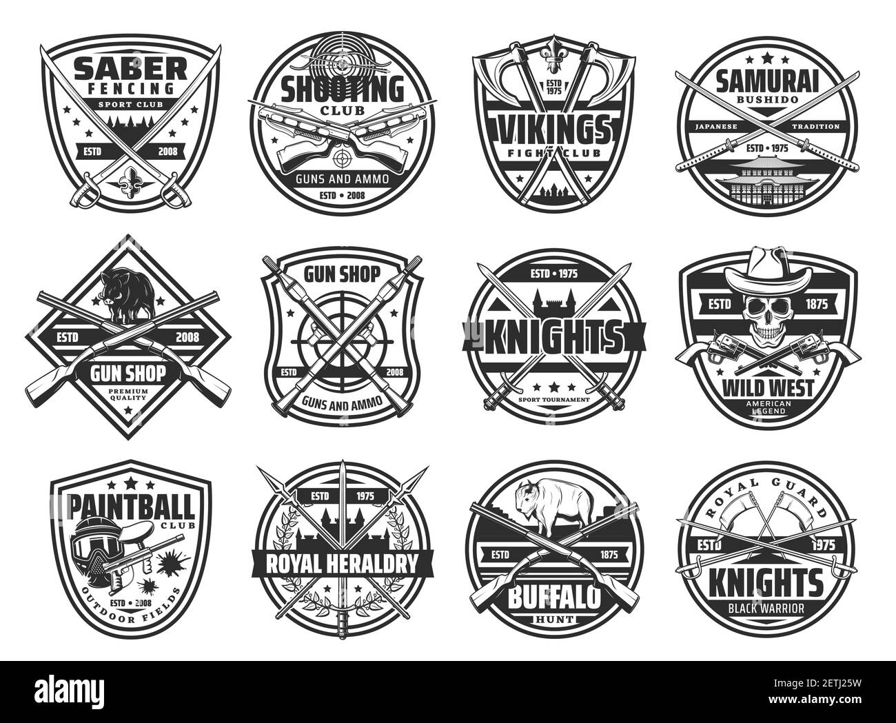 Weapon vector badges with heraldic icons of medieval knight sword and ...