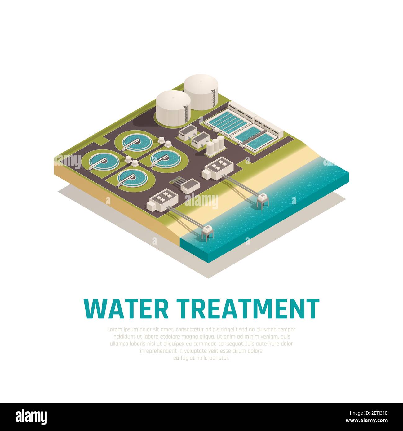 Advanced water treatment plant isometric composition with settling ...