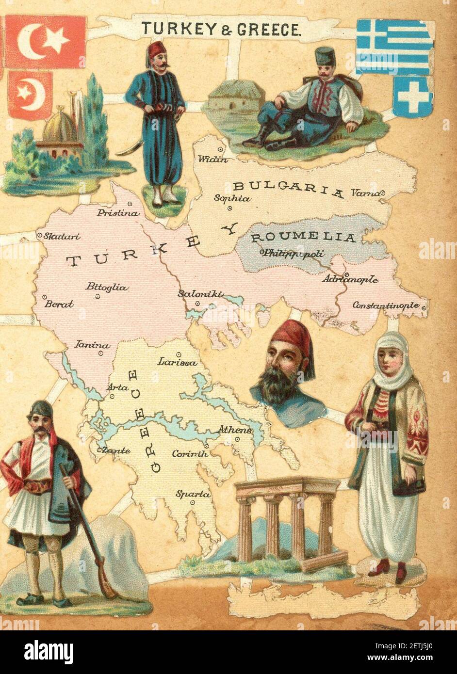 Pictorial map of Turkey and Greece (cropped Stock Photo - Alamy