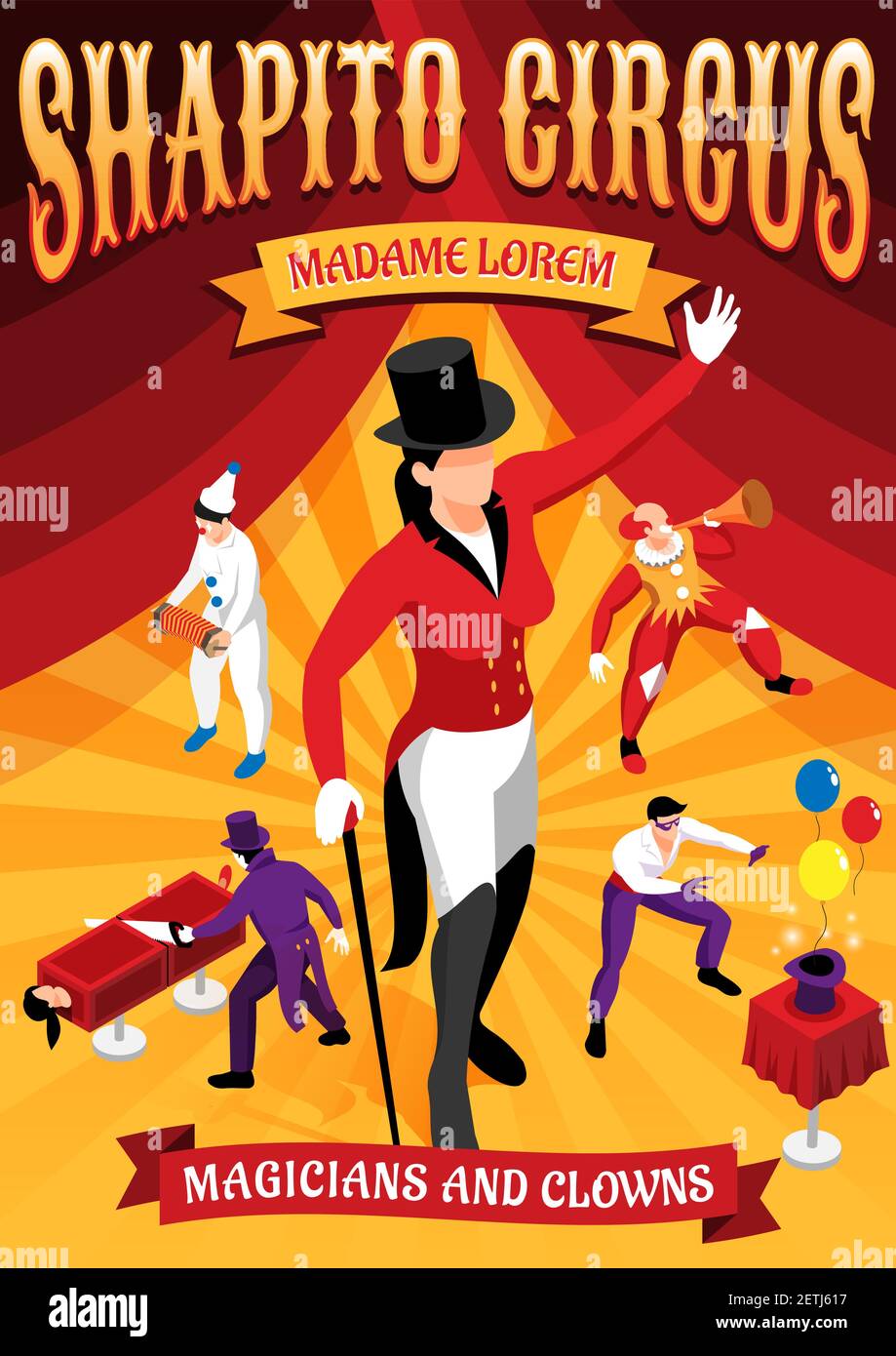 Circus professions isometric concept banner with magicians and clowns ...