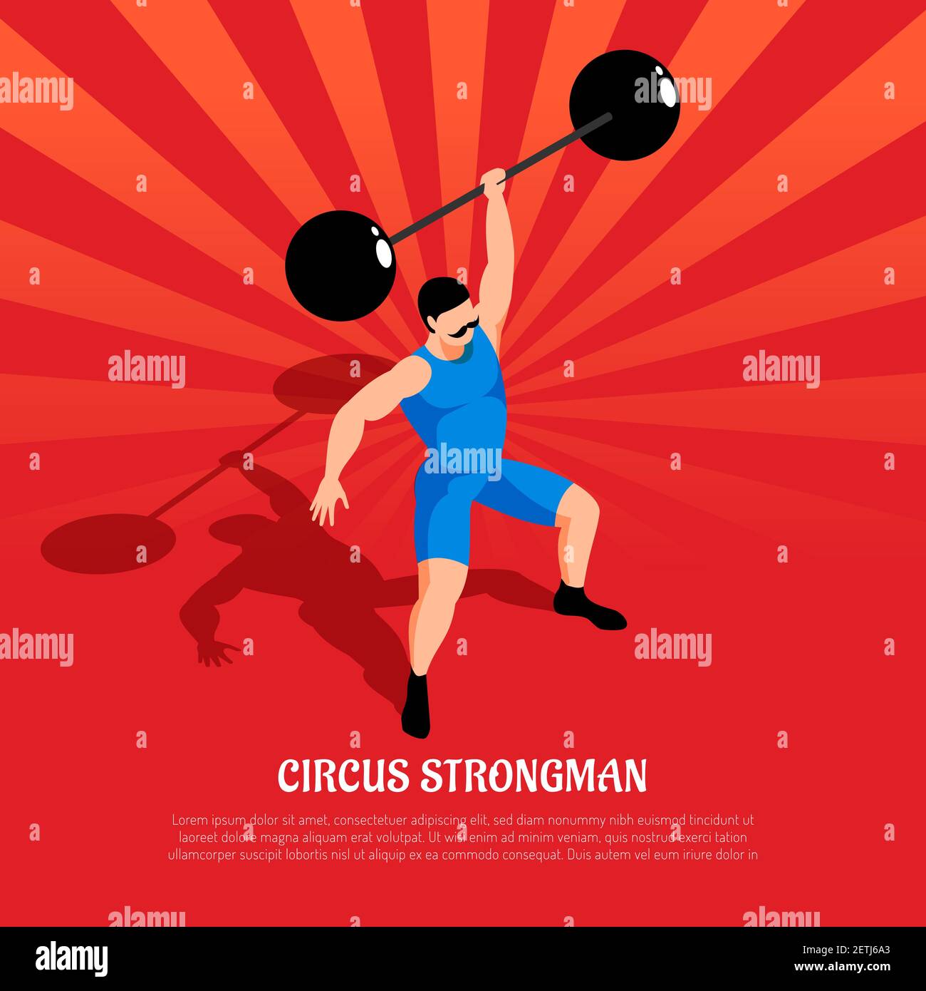 Circus strong man in blue costume with barbell on red radial background ...