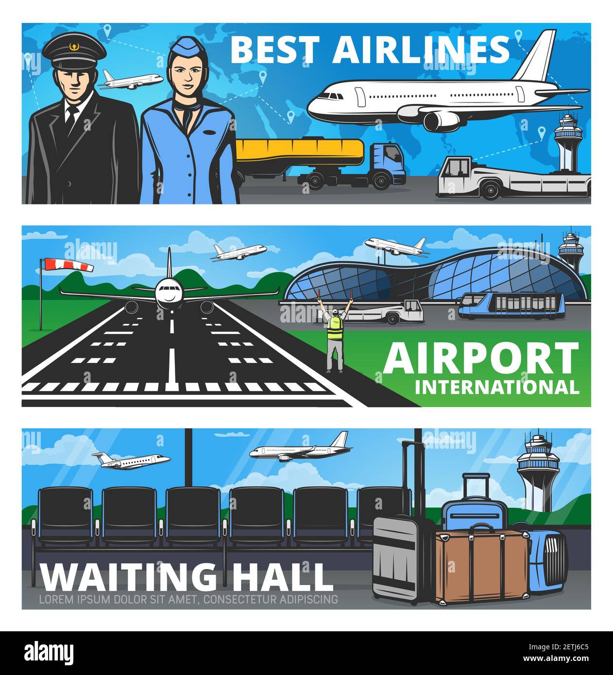 Aviation and airport services vector banners. Airplanes aircrew pilot ...