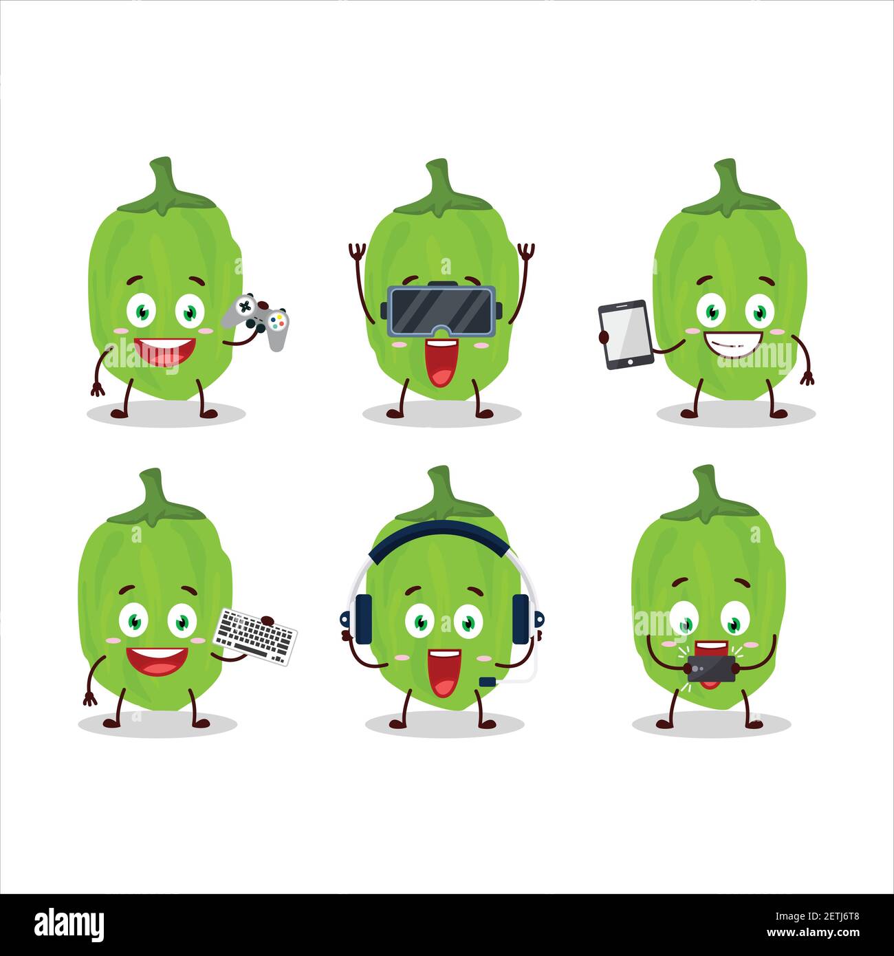 Green habanero cartoon character are playing games with various cute ...
