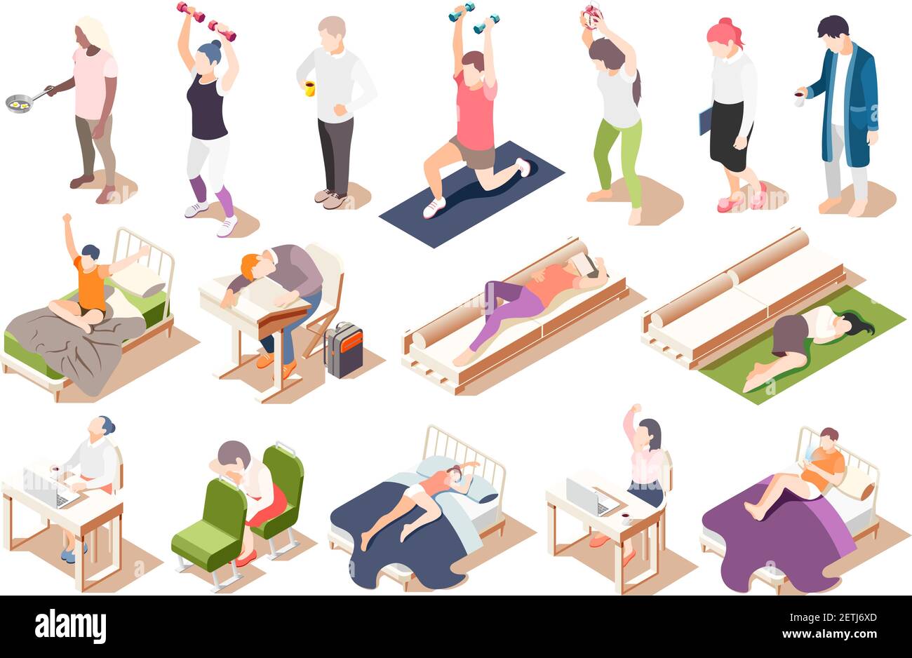 Human circadian rhythms isometric icon set with fatigue lack of sleep ...