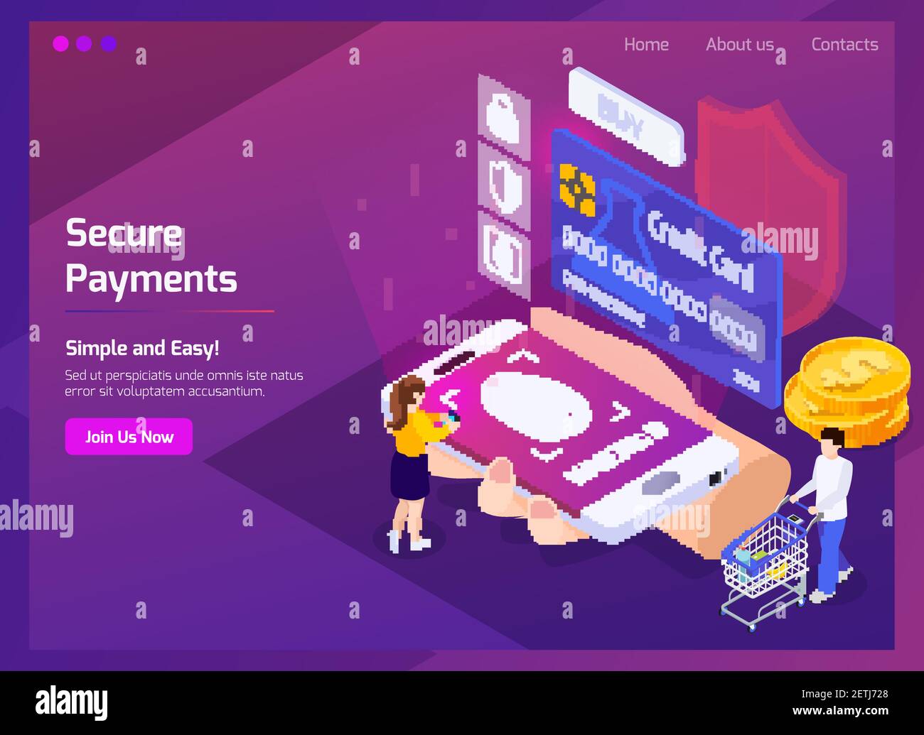 Financial technology secure payments isometric web page with glow and ...