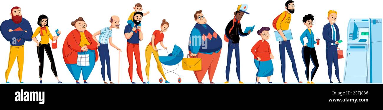 Queue people icon set with different people waiting in line to the ATM ...