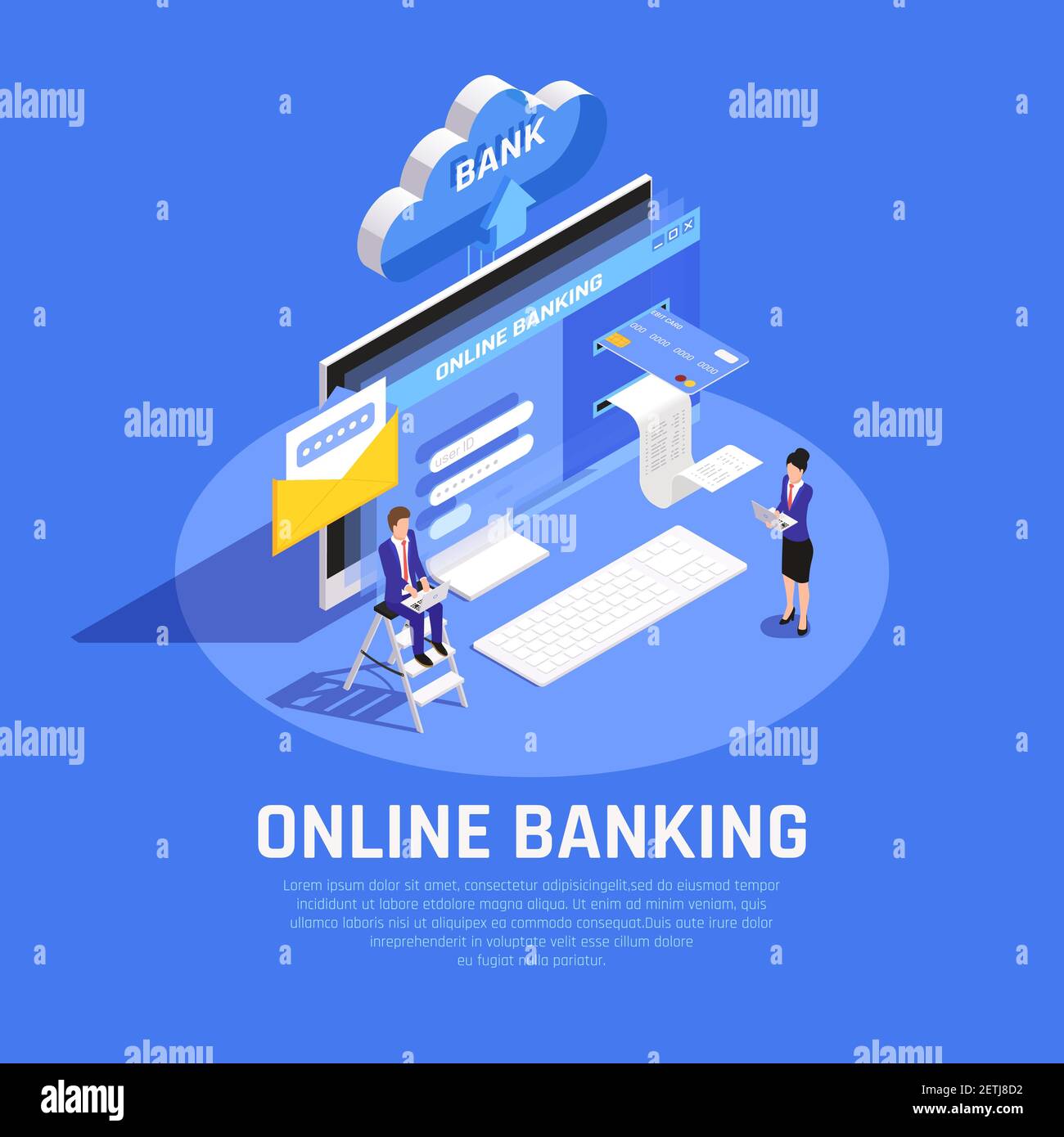 Internet banking isometric composition with online account login credit ...