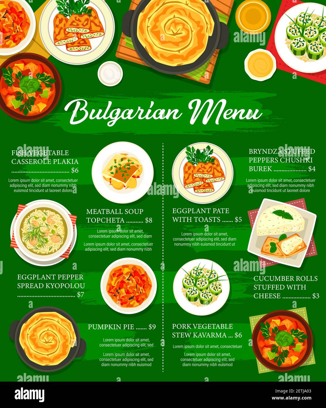 Bulgarian cuisine restaurant menu vector card with Bulgaria dishes ...