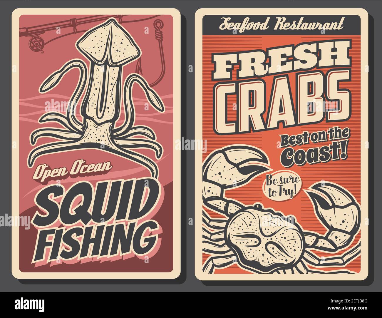 Fresh crab seafood, squid fishing posters. Sea crab and ocean ...
