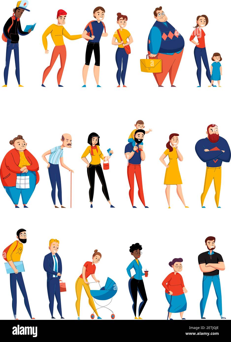 People waiting in queue lining up 3 flat horizontal sets with young ...