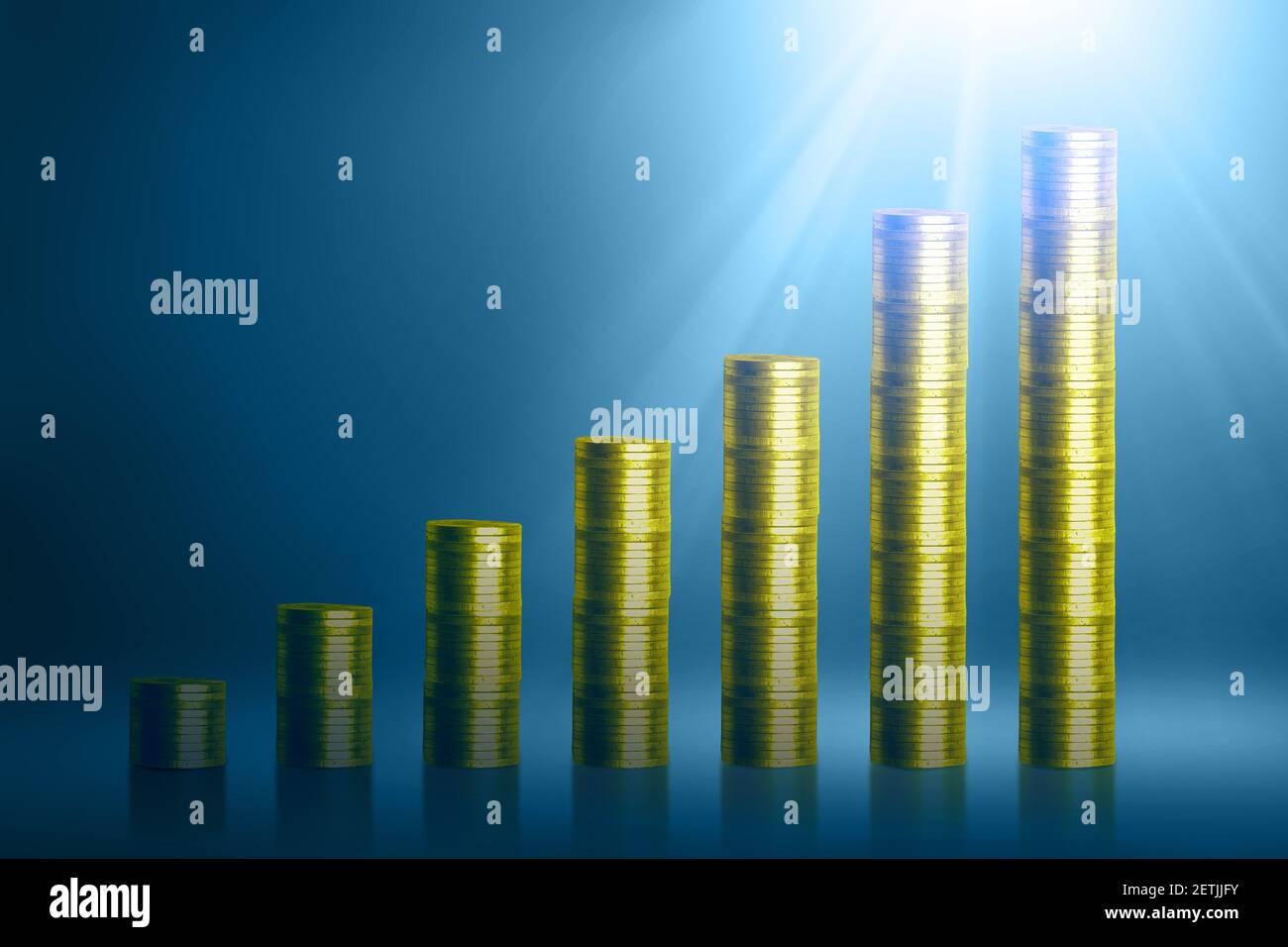Stack of golden coins with stairs pattern and bright background Stock ...