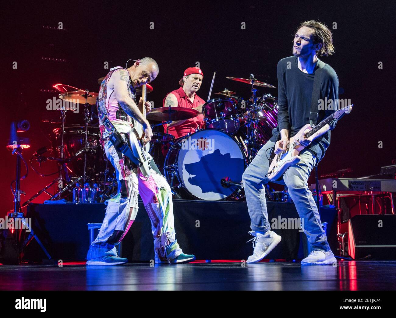 Musicians Michael "Flea" Balzary, Chad Smith and Josh Klinghoffer of the Red Hot Chili Peppers ...