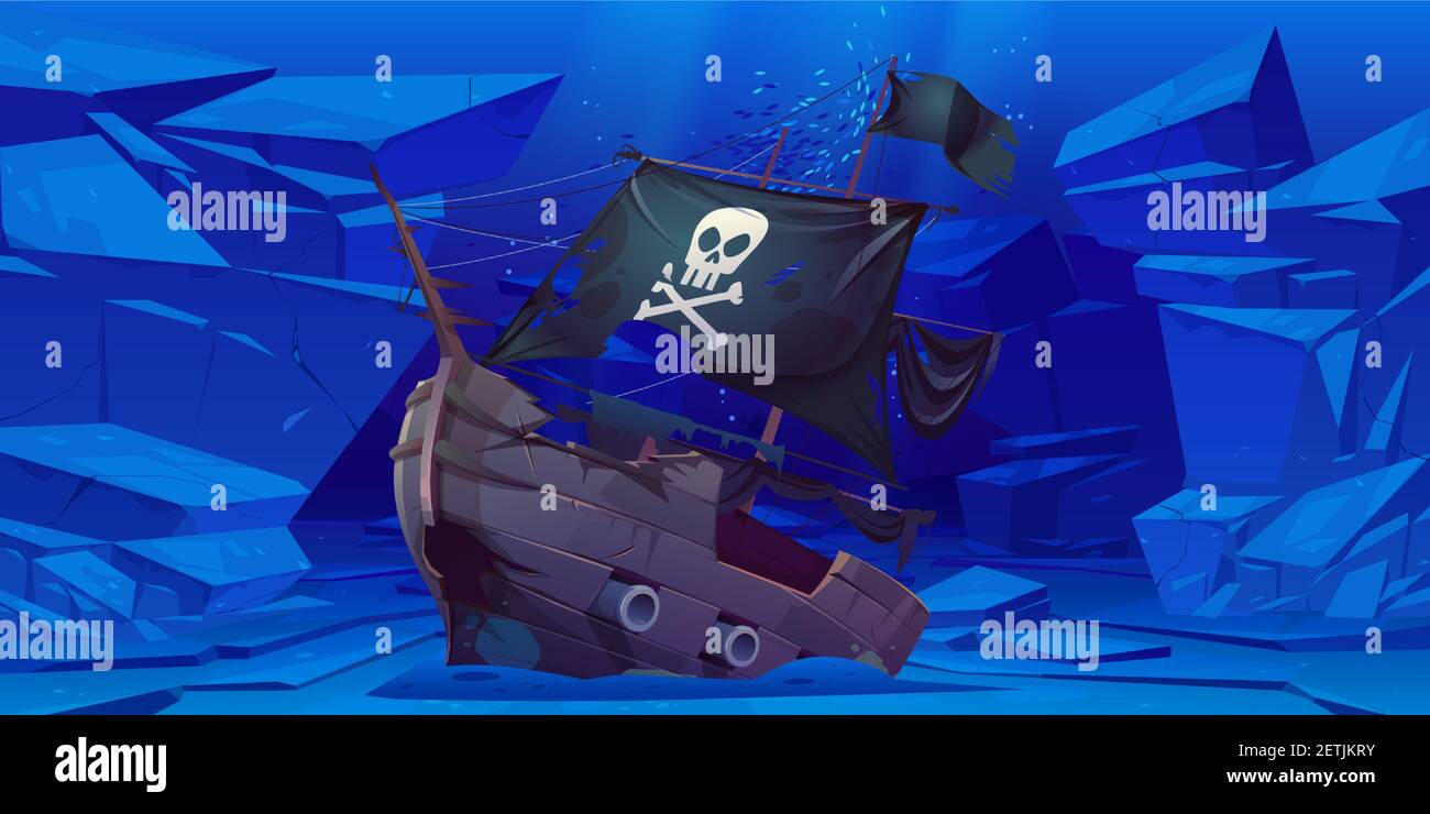 Sunken pirate ship with black sails and flag with skull and crossbones ...