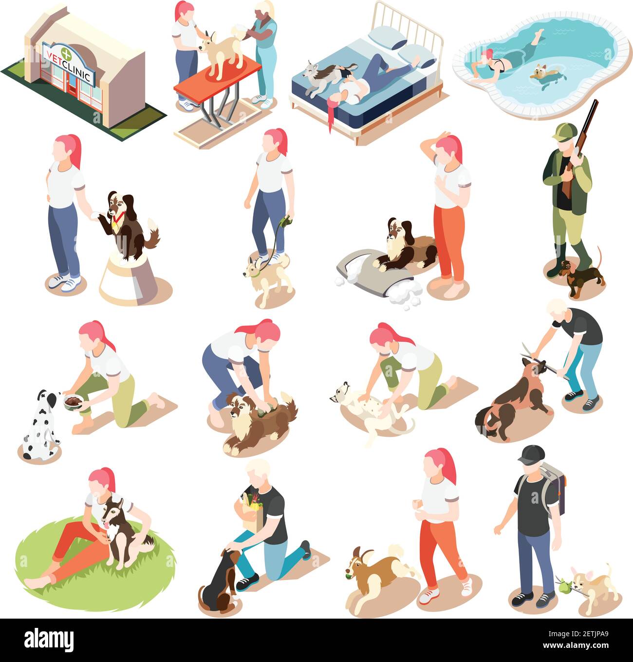 Ordinary life of man and his dog isometric icon set woman and man with ...