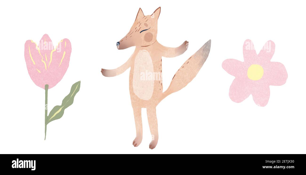 illustration of cute cartoon foxes, leaves, berries, mushrooms with ...