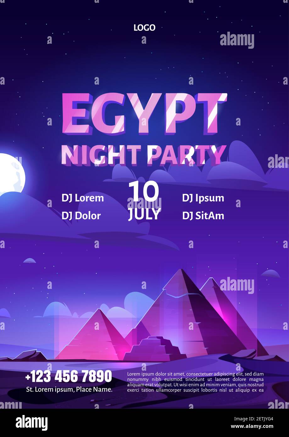 Egypt night party cartoon flyer with glow pyramids in dark desert with ...
