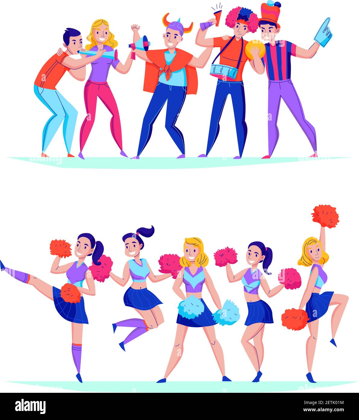 Fans cheering team 2 flat horizontal compositions with blowing horns ...