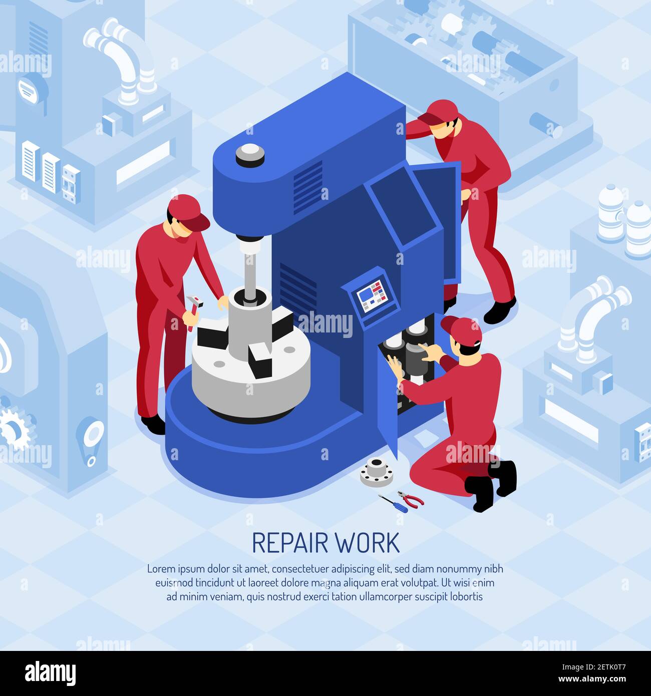 Mechanics in red uniforms during repair work at machine tool in shop ...