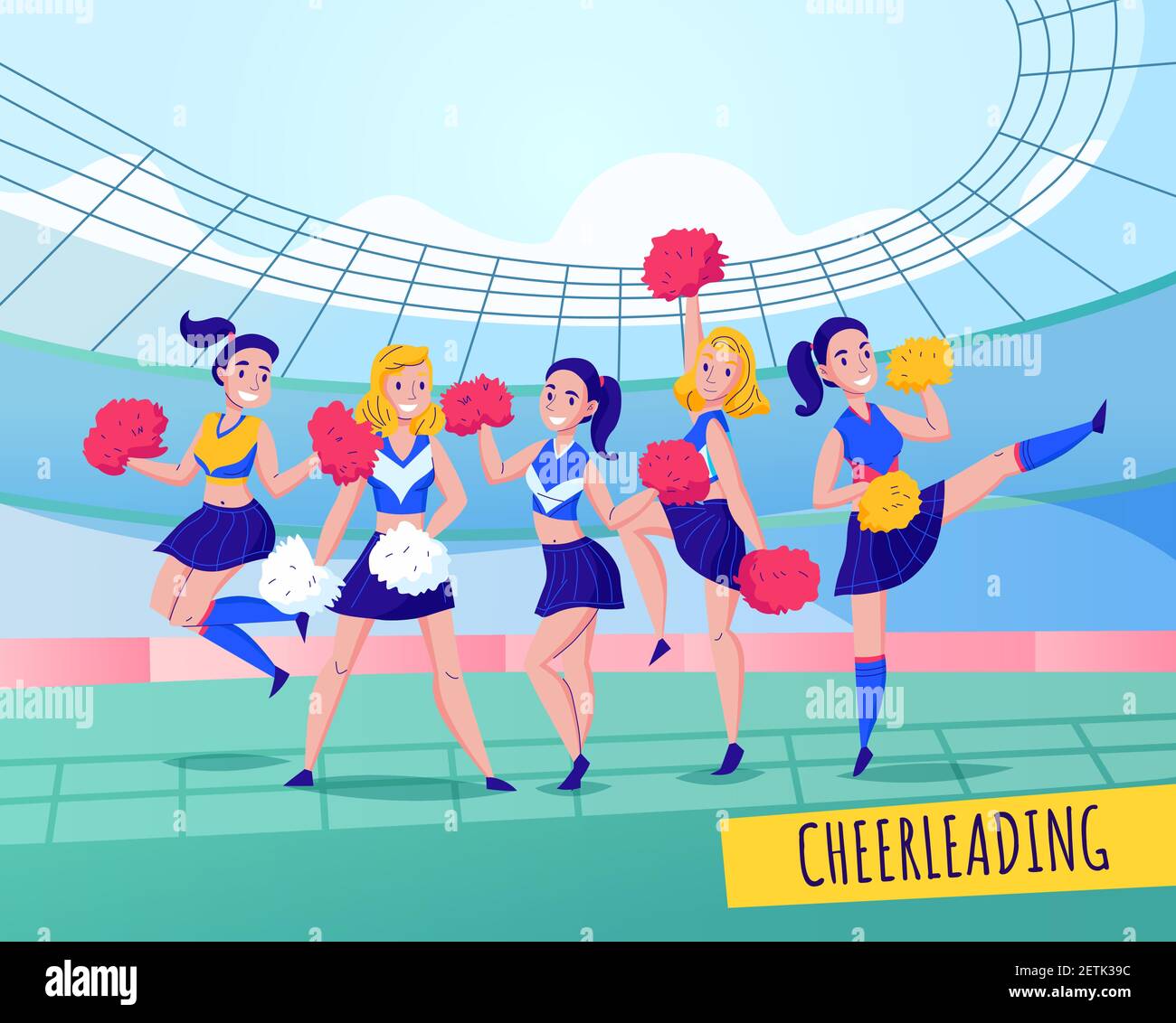 Fans cheering team colored composition team activity with five girls in ...