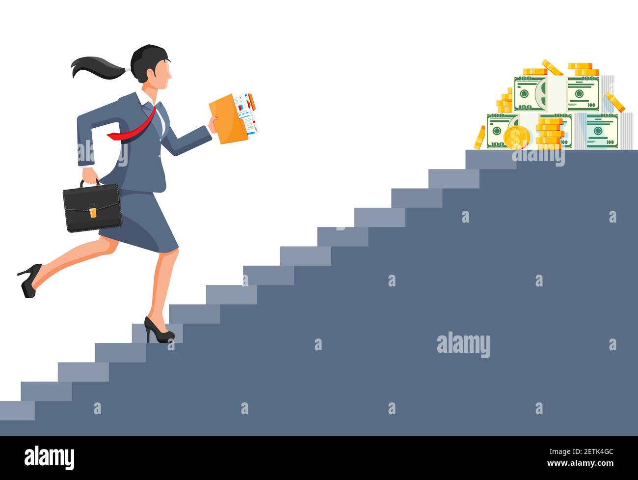 Businesswoman climbs up ladder to money. Goal setting. Smart goal ...