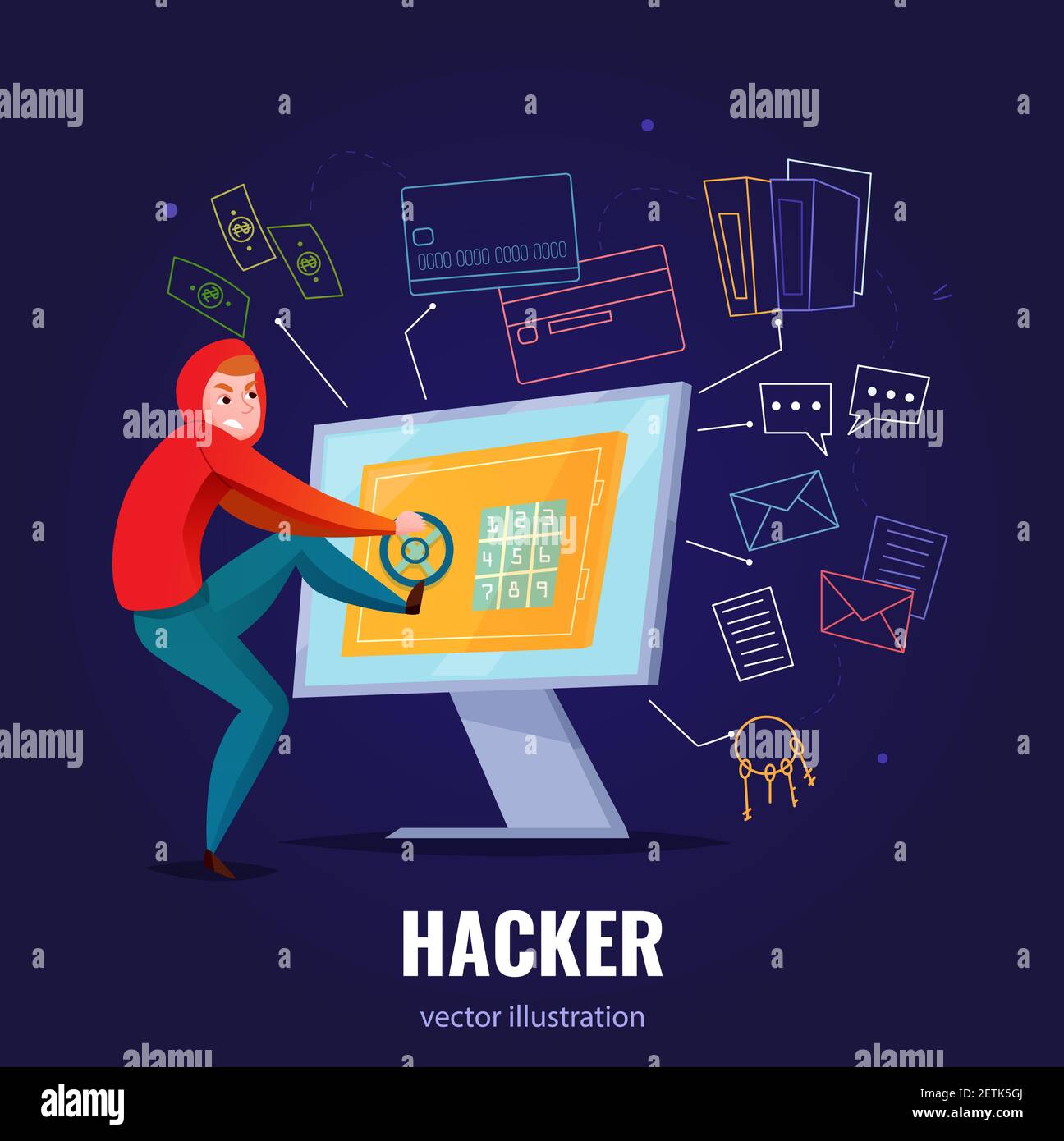 Hacker safe composition with man in hoodie hacks computer and climbs ...