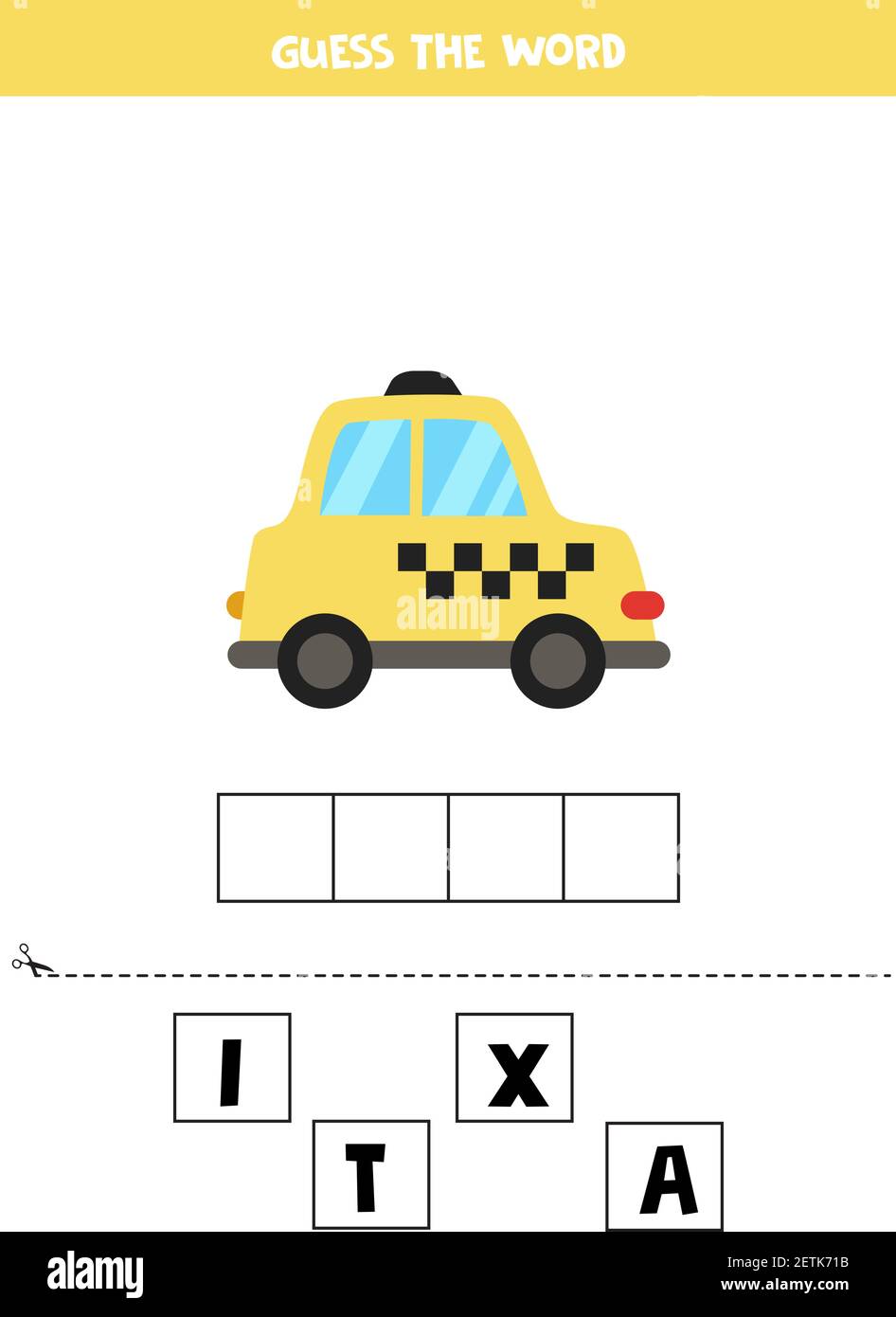 Spell the word taxi. Vector illustration of cartoon taxi. Spelling game ...