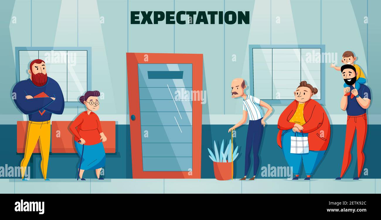 Queue people hospital doctor composition with expectation headline and ...