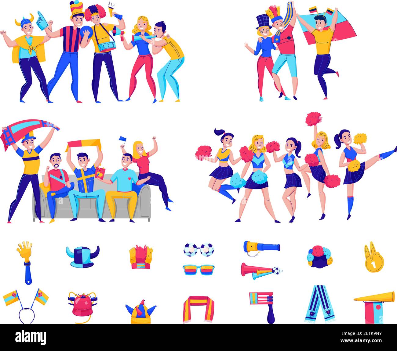 Fans cheering team icon set with groups of people and football ...