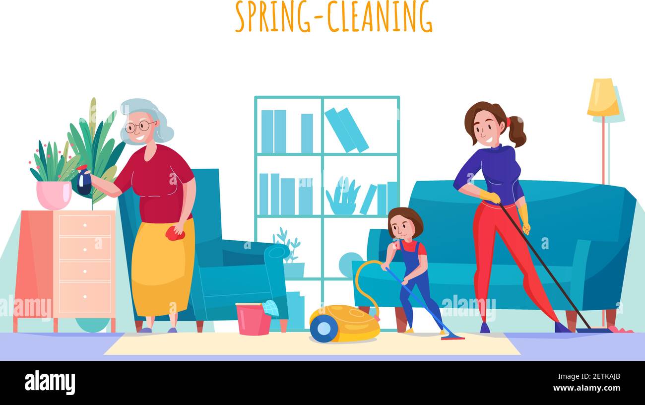 Family household chores flat composition with grandma mother little ...