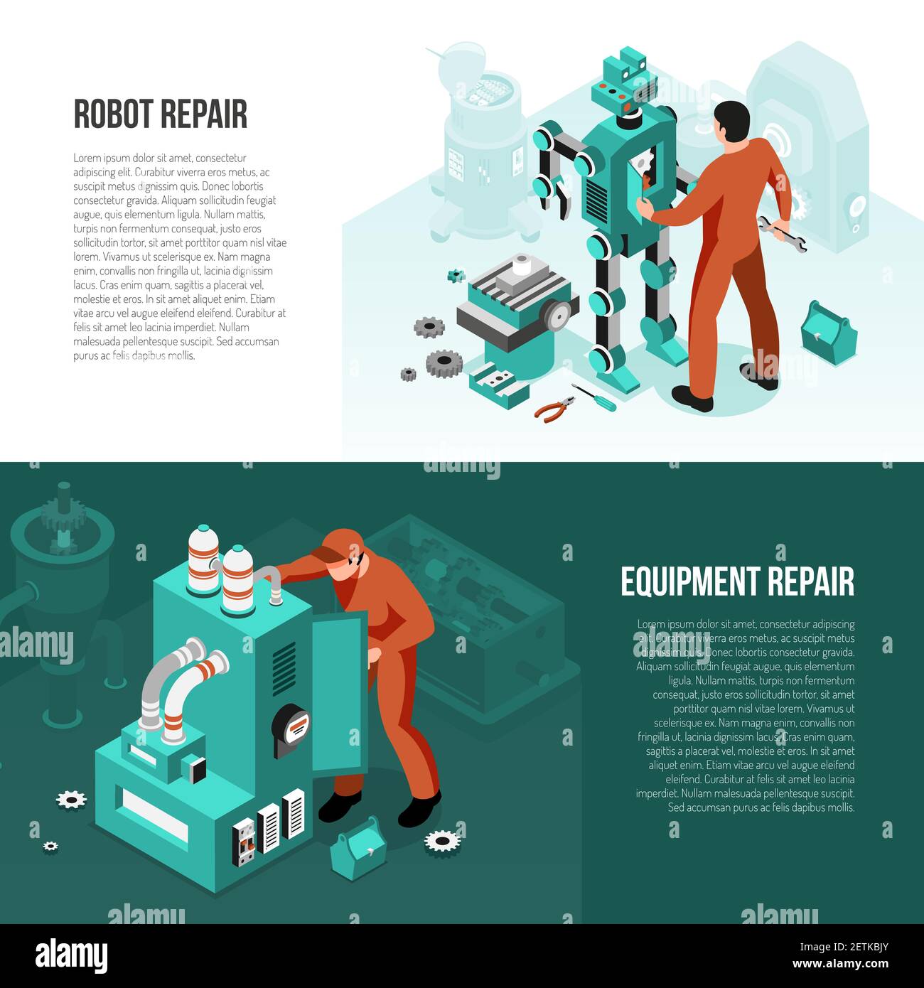 Mechanic set of isometric horizontal banners with repair of robot and ...