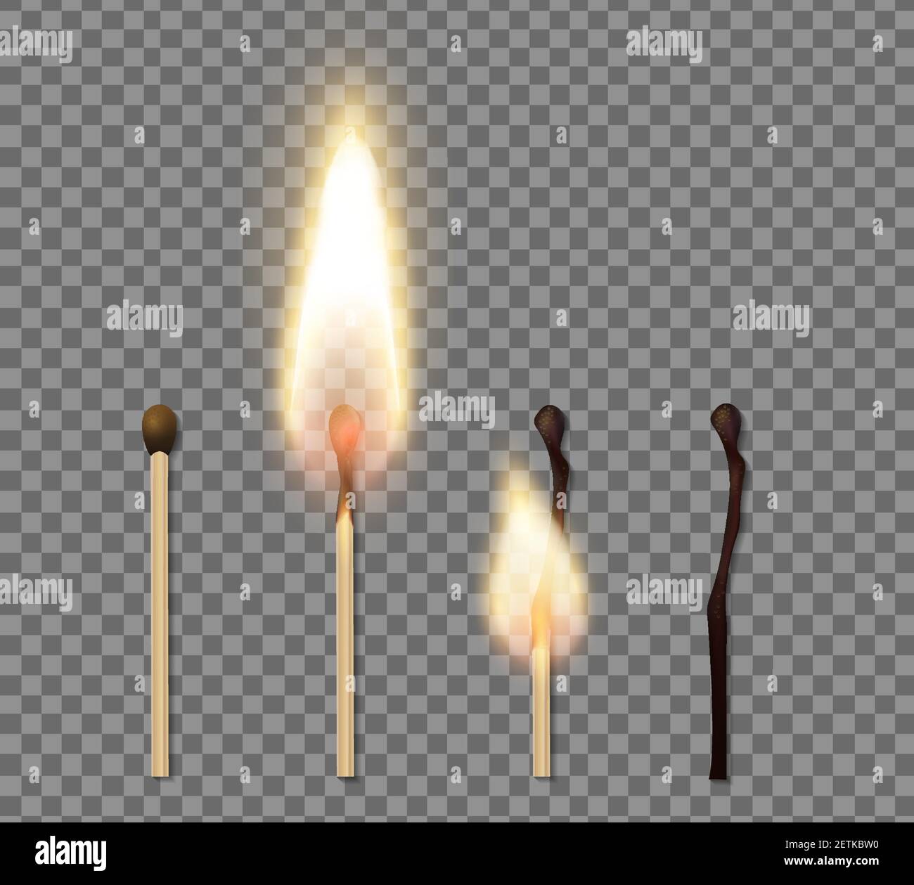 Realistic match stick flame icon set with four steps of burning match ...