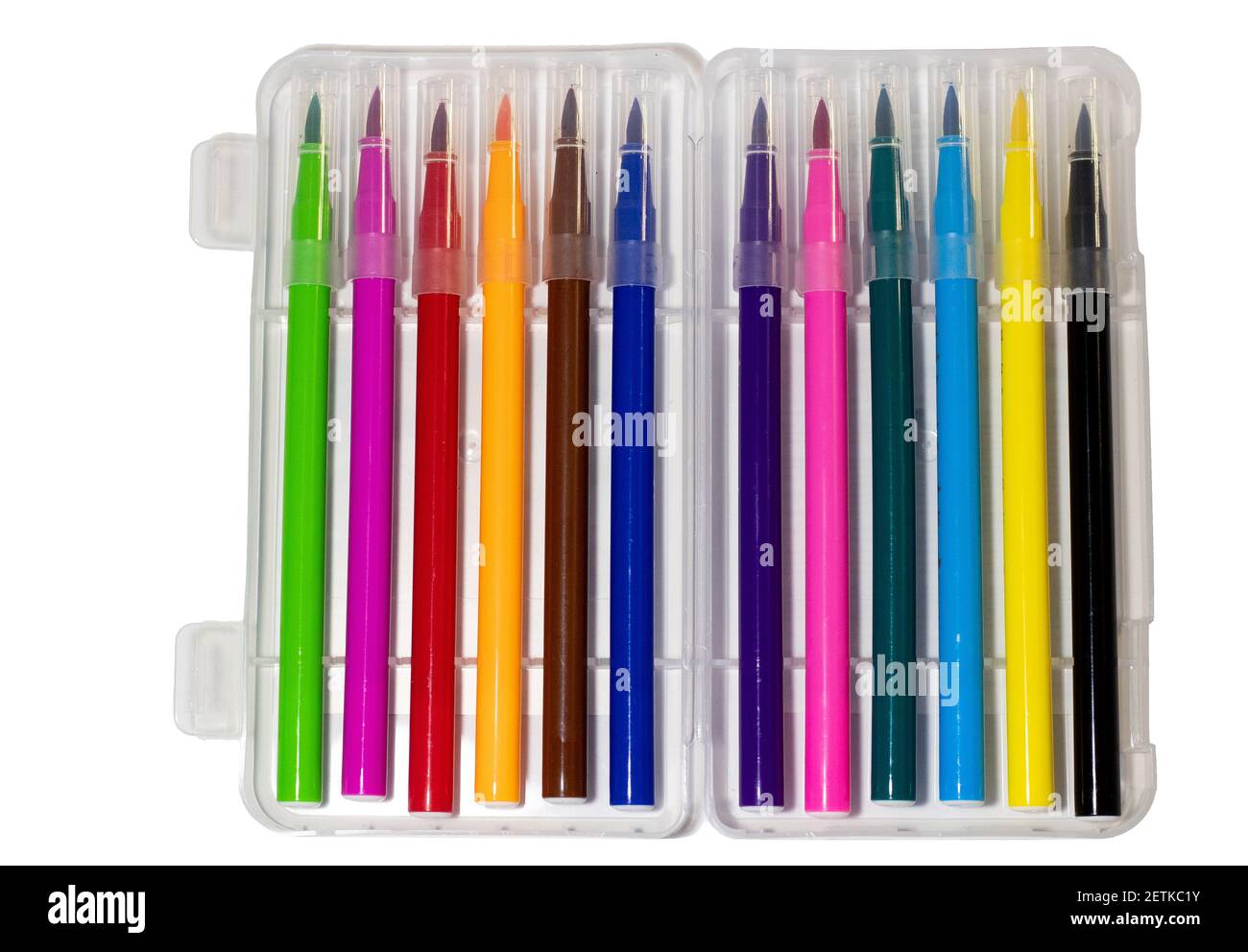 Packaging with multi-colored markers on a white isolated background ...