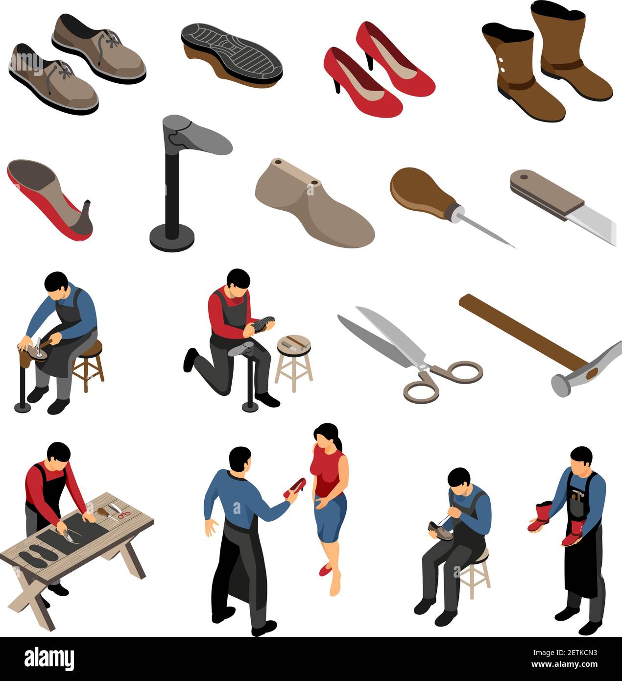 Isometric shoemaker set with various models of shoes for men and women ...