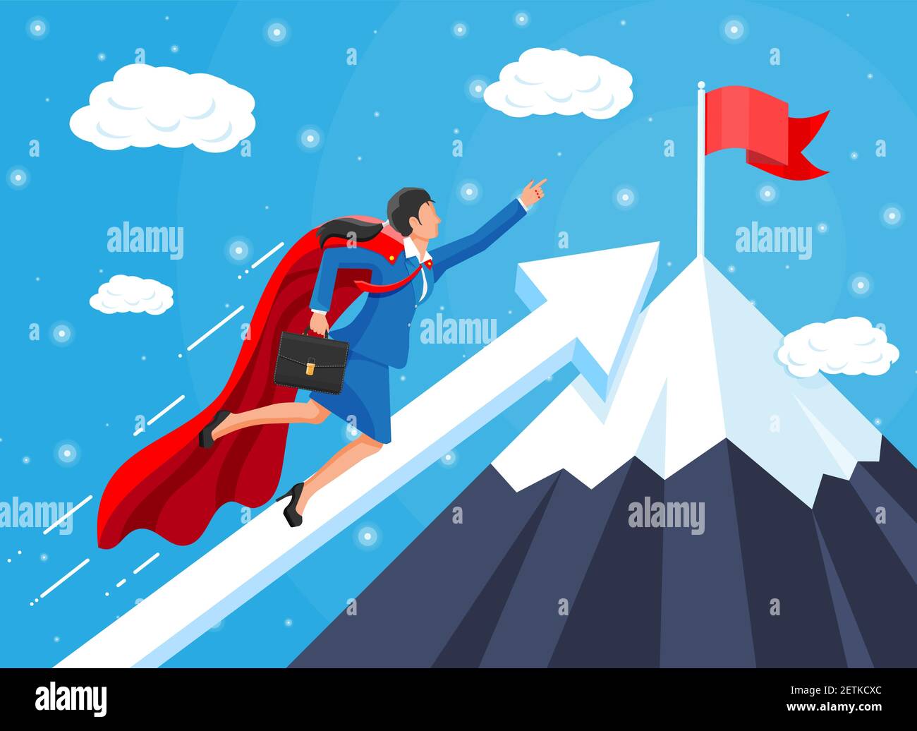 Super businesswoman on mountain chart ladder with waving necktie and ...