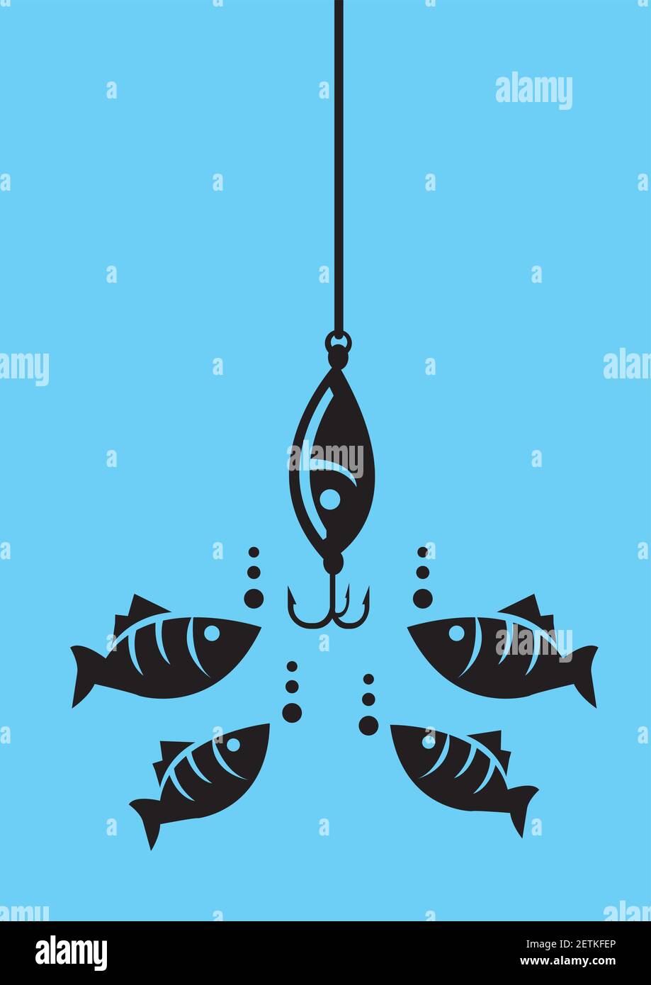 Drawing of fishes attracted to fishing bait with hooks under water ...