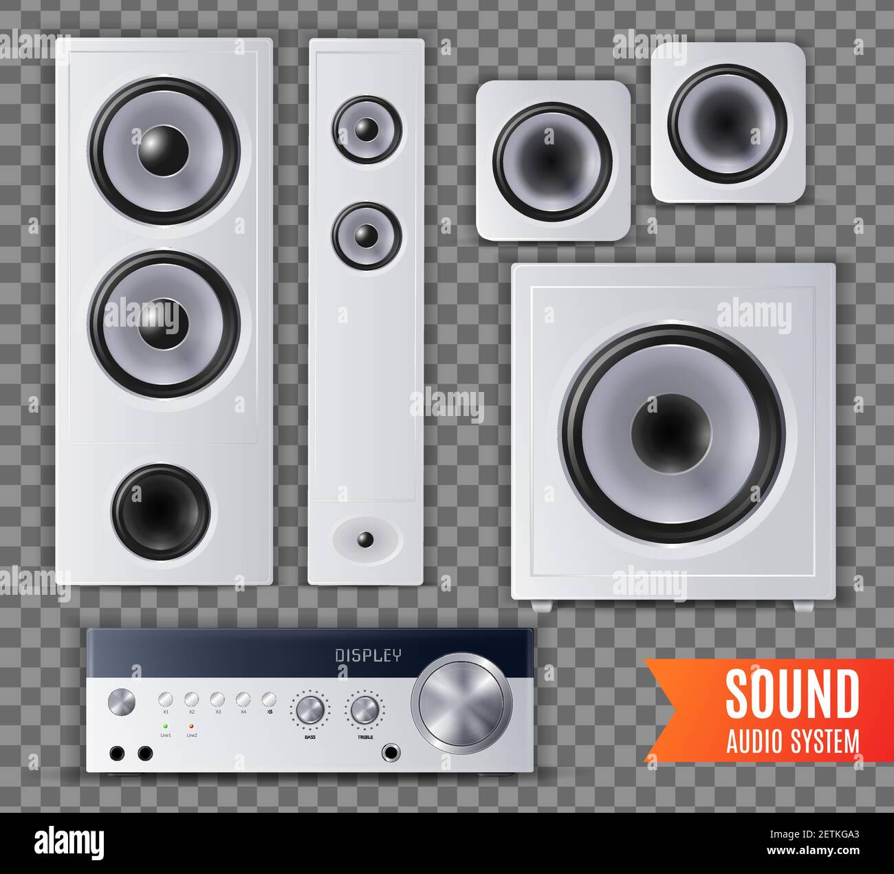 Realistic sound audio system transparent icon set with different shape ...