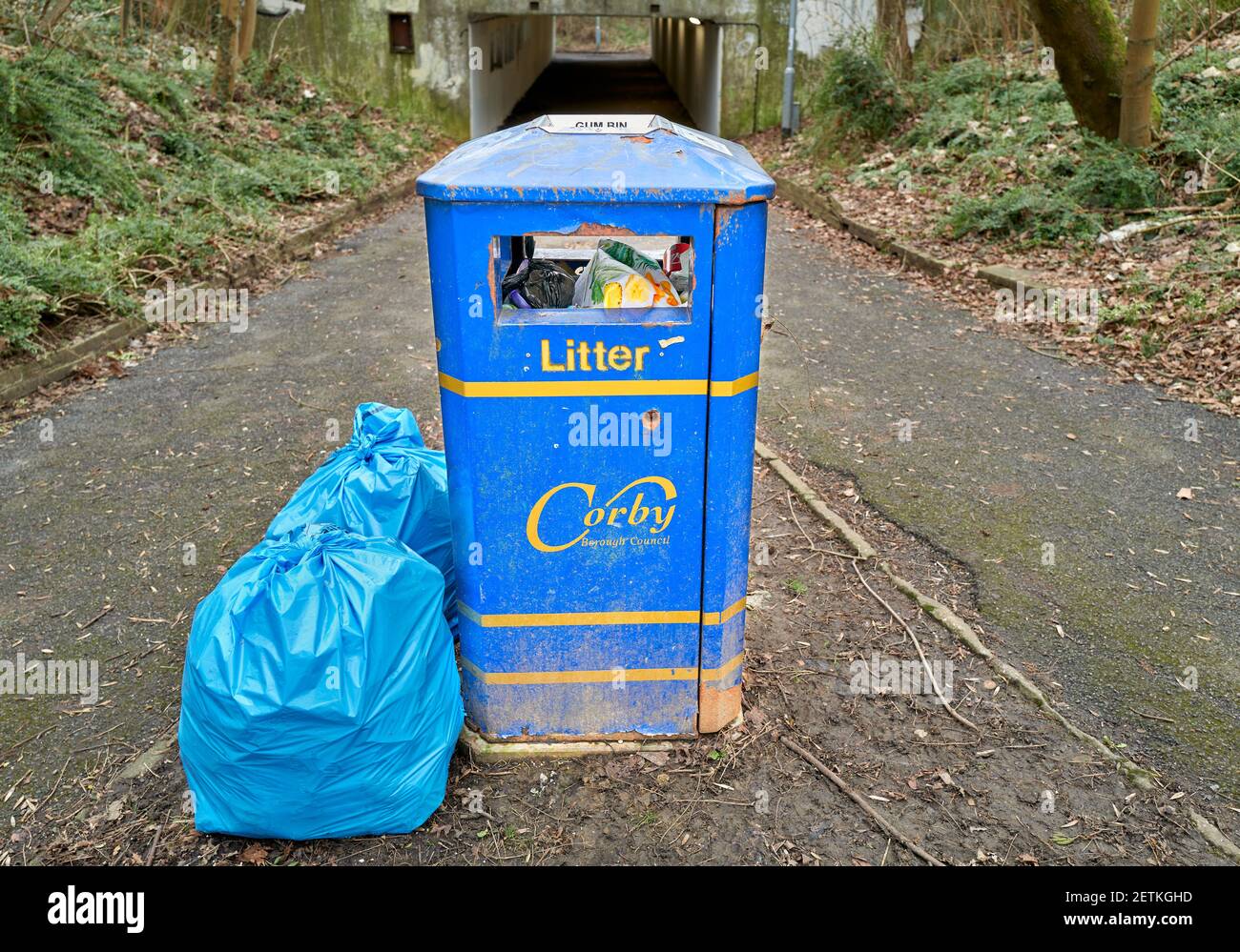 Blue plastic sacks of rubbish next to a blue litter bin by a footpath ...